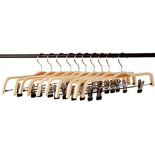 LOHASHOME 10-Pack Natural Finish Wooden Pant Hangers with Anti-Rust Hook and 2-Adjustable Clips