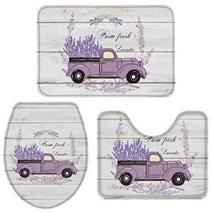 lavender 3 piece bath rugs sets truck with lavender non slip bathroom carpet farm fresh flower farmhouse purple floral wood absorbent u-shaped toilet mat, toilet lid cover