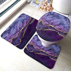 wondertify digital marbled surface bathroom antiskid pad marbling stone texture violet blue purple marble golden veins 3 pieces bathroom rugs set, bath mat+contour+toilet lid cover