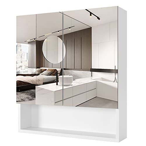 Bathroom Medicine Cabinet with Adjustable Shelf and Double Mirror Doors, Wooden Wall Mirror Cabinet Multipurpose Storage Organizer Bathroom, Living Room, White, 20.9 x 5.1 x 22.8 in