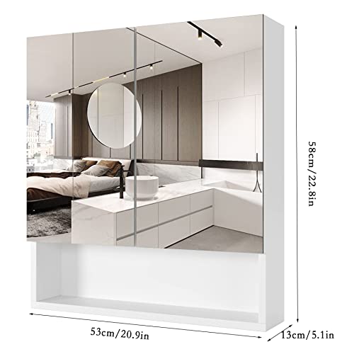 Bathroom Medicine Cabinet with Adjustable Shelf and Double Mirror Doors, Wooden Wall Mirror Cabinet Multipurpose Storage Organizer Bathroom, Living Room, White, 20.9 x 5.1 x 22.8 in