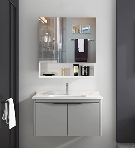 Bathroom Medicine Cabinet with Adjustable Shelf and Double Mirror Doors, Wooden Wall Mirror Cabinet Multipurpose Storage Organizer Bathroom, Living Room, White, 20.9 x 5.1 x 22.8 in