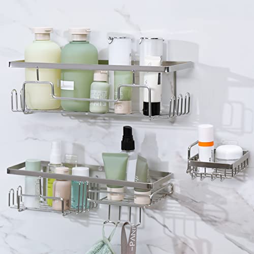 Softor 3 Pack Shower Caddy Shelf with Soap Holder and Hooks, Adhesive Shower Shelves with Waterproof Stainless Steel, No Drilling Bathroom Caddy Organizer Shower (Sliver), Silver