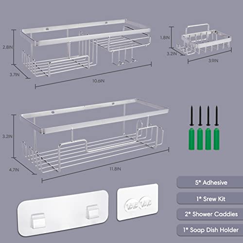 Softor 3 Pack Shower Caddy Shelf with Soap Holder and Hooks, Adhesive Shower Shelves with Waterproof Stainless Steel, No Drilling Bathroom Caddy Organizer Shower (Sliver), Silver