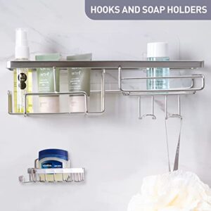 Softor 3 Pack Shower Caddy Shelf with Soap Holder and Hooks, Adhesive Shower Shelves with Waterproof Stainless Steel, No Drilling Bathroom Caddy Organizer Shower (Sliver), Silver