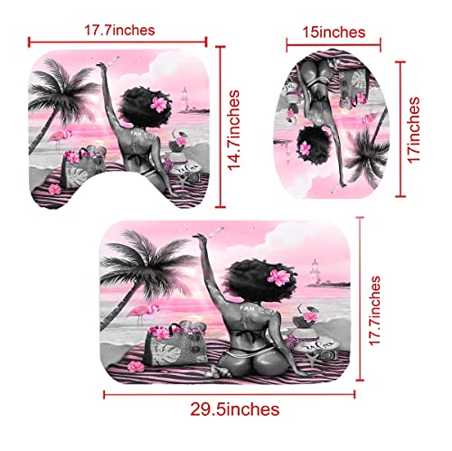 4Pcs American African Black Girl Shower Curtains Sets with Rugs for Bathroom Non-Slip Rugs and 12 Hooks, Bath Mat and Toilet Lid Cover ,Pink Beach Black Girl Bathroom