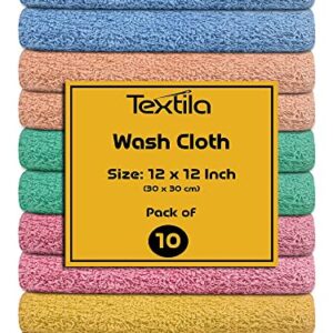 Textila Terry Washcloth Pack of 10 - Multicolor - 12x12 Inches, Soft and Absorbent - Perfect for Bath, Face, Hand, Kitchen, Spa, Hotel, Gym, and Home Use.