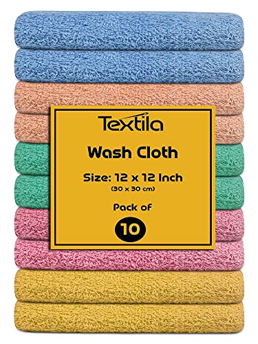 Textila Terry Washcloth Pack of 10 - Multicolor - 12x12 Inches, Soft and Absorbent - Perfect for Bath, Face, Hand, Kitchen, Spa, Hotel, Gym, and Home Use.