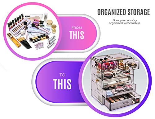 Sorbus Acrylic Clear Makeup Organizer - Big & Spacious Cosmetic Display Case - Stylish Designed Jewelry & Make Up Organizers and Storage for Vanity, Bathroom (4 Large, 2 Small Drawers) [Purple]