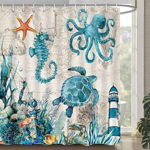 BBIOKD 4 Piece Nautical Shower Curtain Sets Ocean Sea Turtles Octopus Seahorse Beach Biological Vintage Map Lighthouse Rugs Toilet Lid Cover Bath Mat Bathroom Curtains Set 12 Hooks