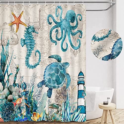 BBIOKD 4 Piece Nautical Shower Curtain Sets Ocean Sea Turtles Octopus Seahorse Beach Biological Vintage Map Lighthouse Rugs Toilet Lid Cover Bath Mat Bathroom Curtains Set 12 Hooks