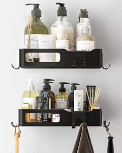 shower caddy shelf organizer basket rack with 2 hooks, rust proof stainless steel bathroom shelves shampoo holder no drilling storage organizer for bathroom, dorm and kitchen. 2-pack(black)