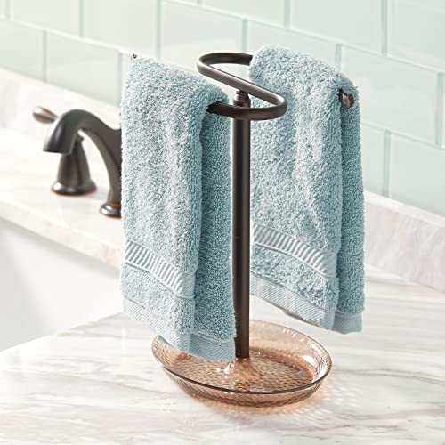 mDesign Steel Fingertip Towel Rack Stand with Base Tray - Towel Holder, Towel Bar for Bathroom, Kitchen, Powder Room - Holds Hand Towel, Washcloths - Rain Collection - Bronze/Brown