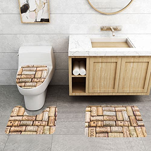 MUKJHOI Bathroom Rugs Sets 3 Piece with Contour Mat and U-Shaped Contour Toilet Mat Absorbent Plush Velvet Bath Mats Non-Slip Bath Rugs Machine Washable 24x16, Retro Wine Cork Pattern