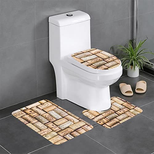 MUKJHOI Bathroom Rugs Sets 3 Piece with Contour Mat and U-Shaped Contour Toilet Mat Absorbent Plush Velvet Bath Mats Non-Slip Bath Rugs Machine Washable 24x16, Retro Wine Cork Pattern