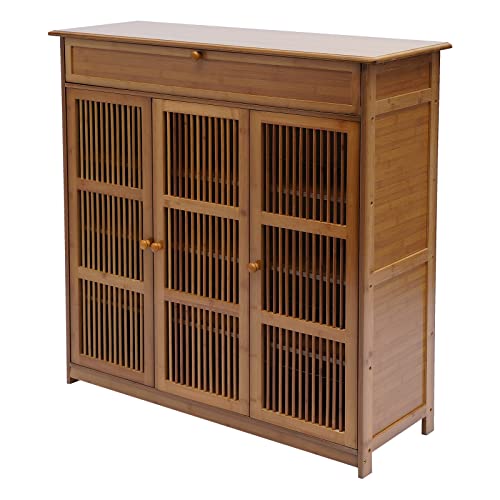 BILPIKOGoo Shoe Storage Cabinet, Bamboo 4 Tier Entryway Shoe Organizer with 1 Drawer & Shutter Door Shoes Organizer Rack for Entryway Hallway Living Room