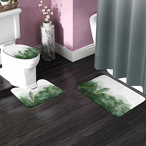 AOYEGO Liquid Green Marble Texture 3 Pieces Bathroom Rugs Set Fluid Art Luxury Golden Shiny Veins Non Slip 23.6X15.7 Inch Soft Absorbent Polyester for Tub Shower Toilet