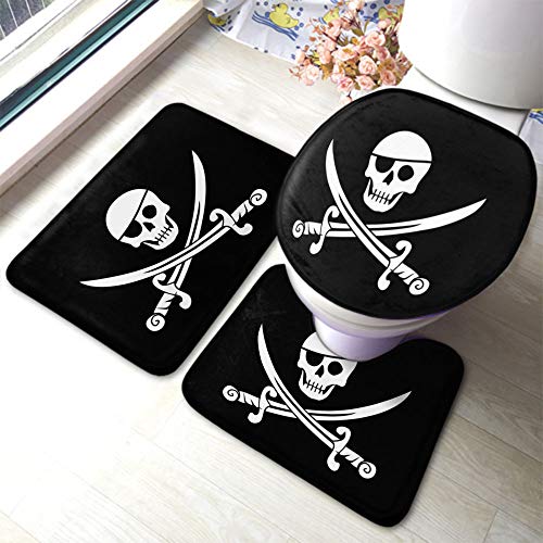 HOSNYE Jolly Roger Pirate Flag Bathroom Rugs and Mats Sets 3 Piece Skull Bayonet Cross Bath Mat U-Shaped Contour Shower Mat Non Slip Toilet Lid Cover