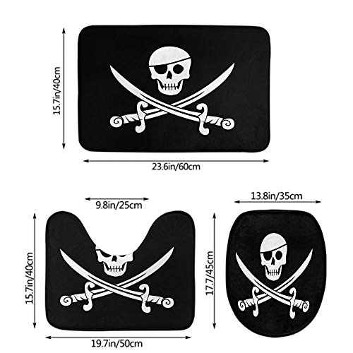 HOSNYE Jolly Roger Pirate Flag Bathroom Rugs and Mats Sets 3 Piece Skull Bayonet Cross Bath Mat U-Shaped Contour Shower Mat Non Slip Toilet Lid Cover