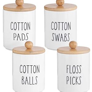 Mkono 4 Pack Qtip Holder Dispenser with Bamboo Lids, Ceramic Apothecary Jars for Bathroom Storage Canister, Vanity Makeup Organizer, Bathroom Accessories Set for Cotton Balls, Swabs, Pads, Floss