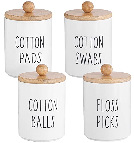 Mkono 4 Pack Qtip Holder Dispenser with Bamboo Lids, Ceramic Apothecary Jars for Bathroom Storage Canister, Vanity Makeup Organizer, Bathroom Accessories Set for Cotton Balls, Swabs, Pads, Floss