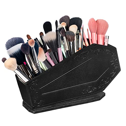 Coffin Brush Holder Gothic Wooden Makeup Organizer Coffin Case Goth Gifts for Women Cosmetic Display Cases for Women Spooky Home Office Pen Pencil Brushes Organizer Gothic Bathroom Decor Accessories