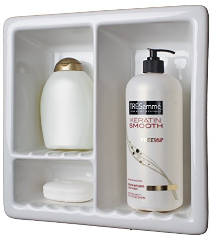 3 USA made Ceramic Recessed Shower Niche 3 compartment shampoo shelf. Easy Install, Easy Clean, Sanitary, Will not Rust or Black Mold, Holds 1-32 oz shampoo, conditioner bottles, Soap Holder 3C