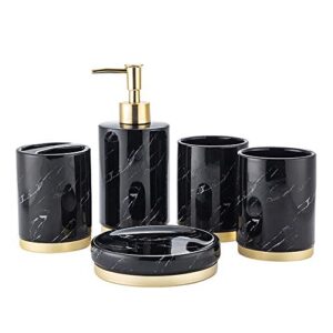 meltset m bathroom accessory sets 5pcs faux marble look ceramics bathroom decor - toothbrush holder lotion pump dispenser soap dish tray bath room tumbler cup, luxurious gift set (black)