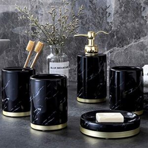 Meltset M Bathroom Accessory Sets 5Pcs Faux Marble Look Ceramics Bathroom Decor - Toothbrush Holder Lotion Pump Dispenser Soap Dish Tray Bath Room Tumbler Cup, Luxurious Gift Set (Black)