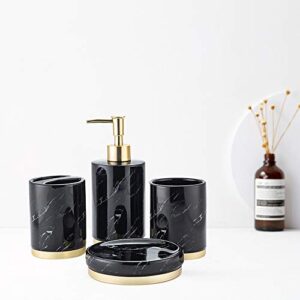 Meltset M Bathroom Accessory Sets 5Pcs Faux Marble Look Ceramics Bathroom Decor - Toothbrush Holder Lotion Pump Dispenser Soap Dish Tray Bath Room Tumbler Cup, Luxurious Gift Set (Black)