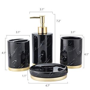 Meltset M Bathroom Accessory Sets 5Pcs Faux Marble Look Ceramics Bathroom Decor - Toothbrush Holder Lotion Pump Dispenser Soap Dish Tray Bath Room Tumbler Cup, Luxurious Gift Set (Black)