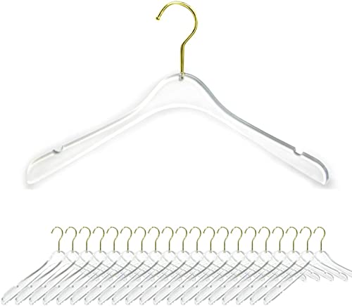 Nisorpa Clear Acrylic Hangers, 20 Pack Clear Non-Slip Hangers with Golden Chrome Steel Hook, Clothes Hangers Space Saving Hanger for Dresses Suit Jacket Sweater Blouse