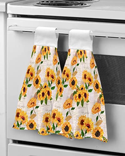 ARTSHOWING Floral Hanging Hand Towels Kitchen Towel Absorbent Towel Hanging Towel Hand Bath Towel, 18"x14" Decorative Soft Oven Towel Quick Dry Dish Cloth Towels 2Pcs, Sunflower Newspaper Background