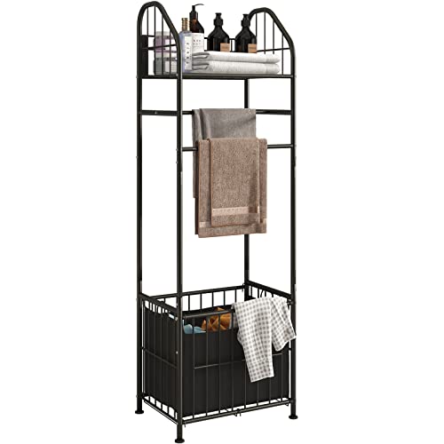 SORCEDAS Towel Rack Standing Bathroom Shelf Laundry Hamper Basket Metal Wire Storage Organizer for Laundry Room Bedroom Living Room, Black