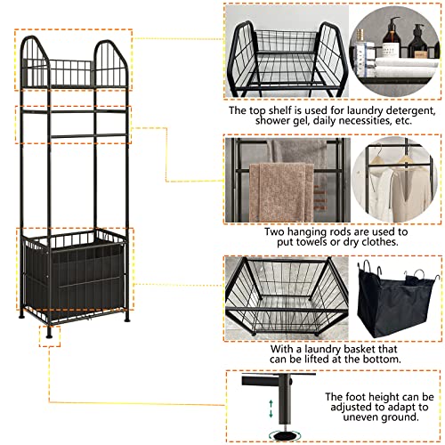 SORCEDAS Towel Rack Standing Bathroom Shelf Laundry Hamper Basket Metal Wire Storage Organizer for Laundry Room Bedroom Living Room, Black