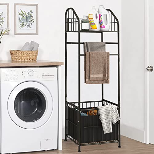 SORCEDAS Towel Rack Standing Bathroom Shelf Laundry Hamper Basket Metal Wire Storage Organizer for Laundry Room Bedroom Living Room, Black