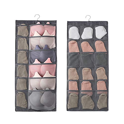 Aoolife 30 Mesh Pockets Hanging Storage Organiser with Metal Hanger, Dual-Sided Hanging Closet Organizer for Underwear, Stocking,Bra and Sock (Grey)