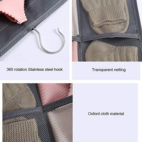 Aoolife 30 Mesh Pockets Hanging Storage Organiser with Metal Hanger, Dual-Sided Hanging Closet Organizer for Underwear, Stocking,Bra and Sock (Grey)