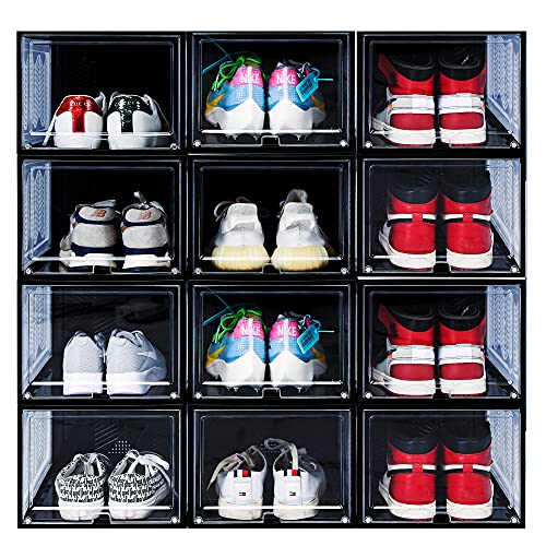 Shoe Organizer with Hard & Thick Plastic Board Shoe Storage Boxes Fits US Size 13, shoe boxes Clear Plastic Stackable Measure L14.2xW11.2xH8.5(inch) For Sneaker High Heel Storage & Display (YB-12PK)