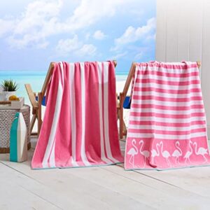 Great Bay Home Large Beach Towel Set of 2 - Striped Flamingo Pink Beach Towels for Adults and Velour Pool Towels 100% Cotton - Lightweight Quick Dry Beach Towel Pack - Beach Towel for Travel