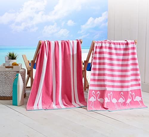 Great Bay Home Large Beach Towel Set of 2 - Striped Flamingo Pink Beach Towels for Adults and Velour Pool Towels 100% Cotton - Lightweight Quick Dry Beach Towel Pack - Beach Towel for Travel