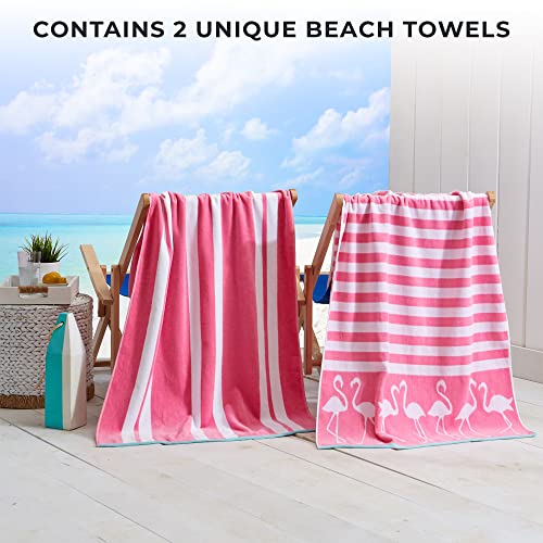 Great Bay Home Large Beach Towel Set of 2 - Striped Flamingo Pink Beach Towels for Adults and Velour Pool Towels 100% Cotton - Lightweight Quick Dry Beach Towel Pack - Beach Towel for Travel