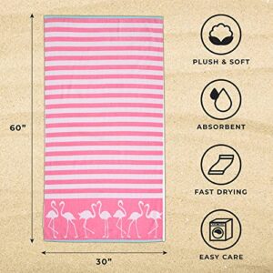 Great Bay Home Large Beach Towel Set of 2 - Striped Flamingo Pink Beach Towels for Adults and Velour Pool Towels 100% Cotton - Lightweight Quick Dry Beach Towel Pack - Beach Towel for Travel