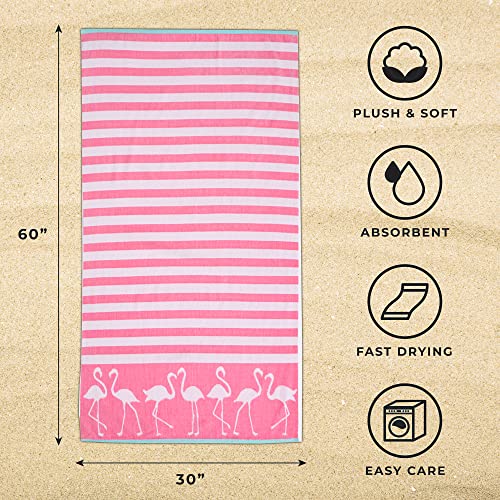 Great Bay Home Large Beach Towel Set of 2 - Striped Flamingo Pink Beach Towels for Adults and Velour Pool Towels 100% Cotton - Lightweight Quick Dry Beach Towel Pack - Beach Towel for Travel