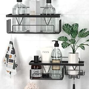 2-Pack Shower Caddy with Hooks Adhesive Shelf Shower Organizer Bathtub Storage Accessories, No Drilling Wall Mounted Stainless Steel Shower Shelves for Inside Shower for Bathtub and Kitchen, Black