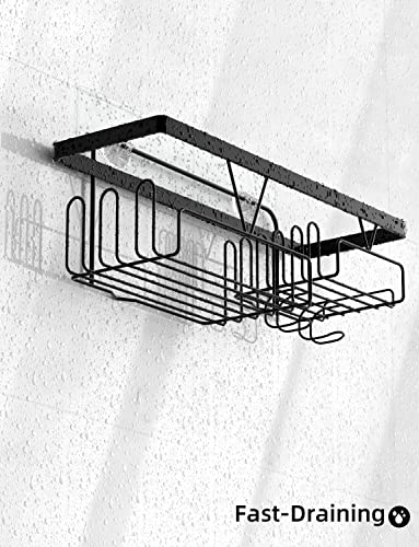 2-Pack Shower Caddy with Hooks Adhesive Shelf Shower Organizer Bathtub Storage Accessories, No Drilling Wall Mounted Stainless Steel Shower Shelves for Inside Shower for Bathtub and Kitchen, Black