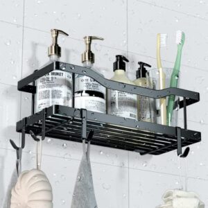 Lufia 5-Pack Shower Caddy, Adhesive Bathroom Organizer, No Drilling, Large Capacity, Rustproof Stainless Steel Bathroom Shower Organizer with 4 Hooks, Shower Shelf for Inside Shower, Black