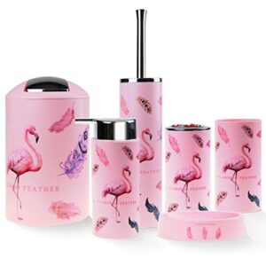 newthinking bathroom accessories set, bathroom set with trash can, include soap dish and soap dispenser, toothbrush holder set and toilet brush and holders, pink flamingo