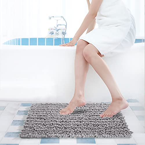 Yimobra Bathroom Rug Mat, 24'' x 17'', Luxury Chenille Shaggy Microfiber Bath Rugs, Extra Soft & Thick, Absorbent Water, Non-Slip, Machine-Washable, Bath Mats for Bathroom Floor,Tub and Shower, Gray