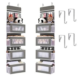 2 pack behind the door storage organizer with 5-shelf, wall mount clear windows, & 4 metal hooks for pantry, nursery, bedroom, bathroom, kitchen, closet, dorm (grey), 49.2'' (h)x12.2'' (w)x5.5'' (d)